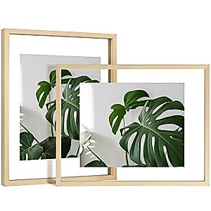 Egofine 11x14 Floating Frames Set of 2, Double Glass Picture Frame, Made of Solid Wood Display Any Size Photo up to 11x14, Wall Mount or Tabletop Standing, Natural Wood