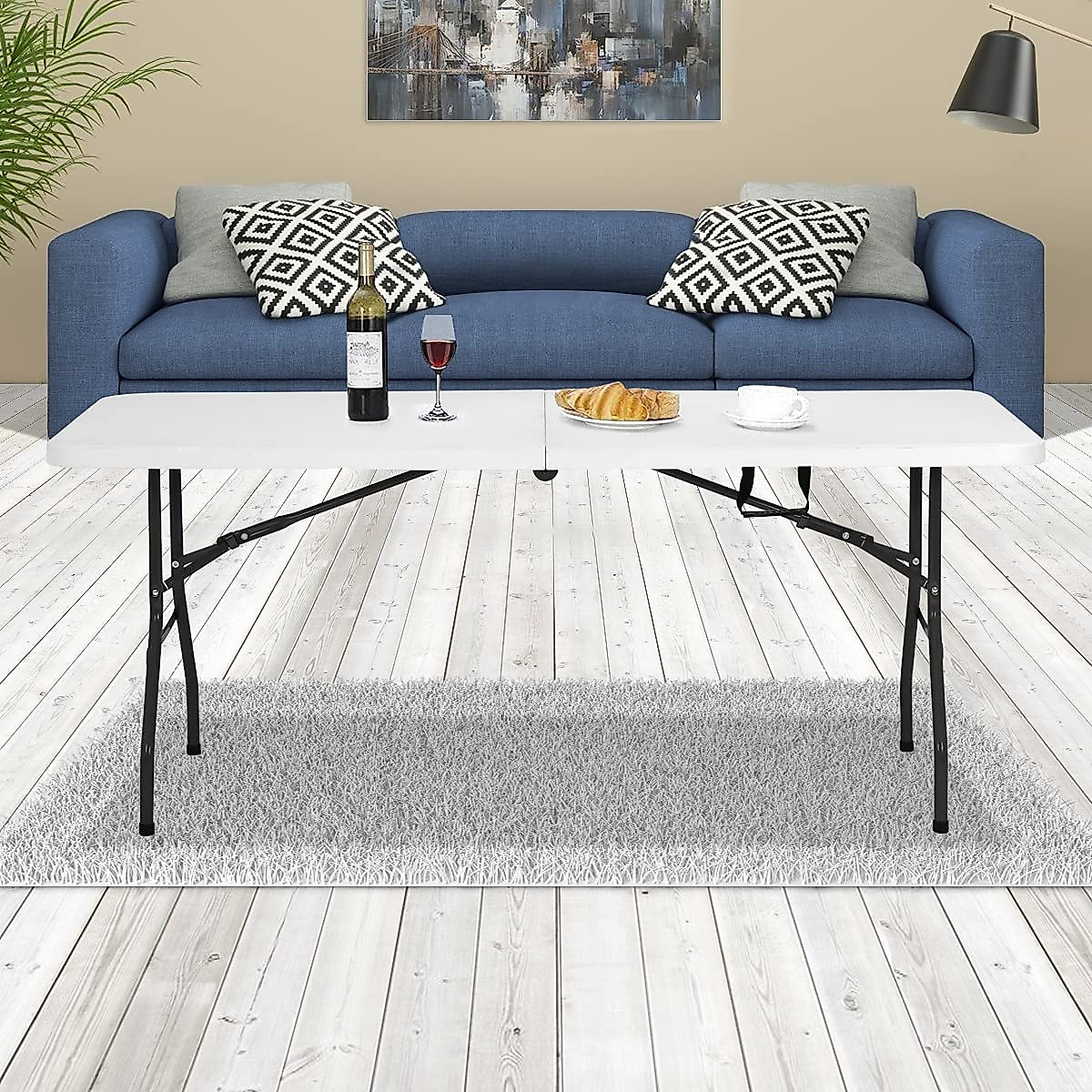 Folding Table 6 Foot Indoor Outdoor Heavy Duty Plastic Portable Fold Up Table Utility Camping Dining Party Table, Easy to Assemble, White