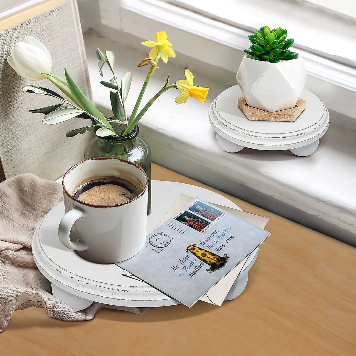 Megsooul Decorative Wood Riser for Display, Farmhouse Pedestal Stand, Stackable Table Decor, Rustic White Display Tray