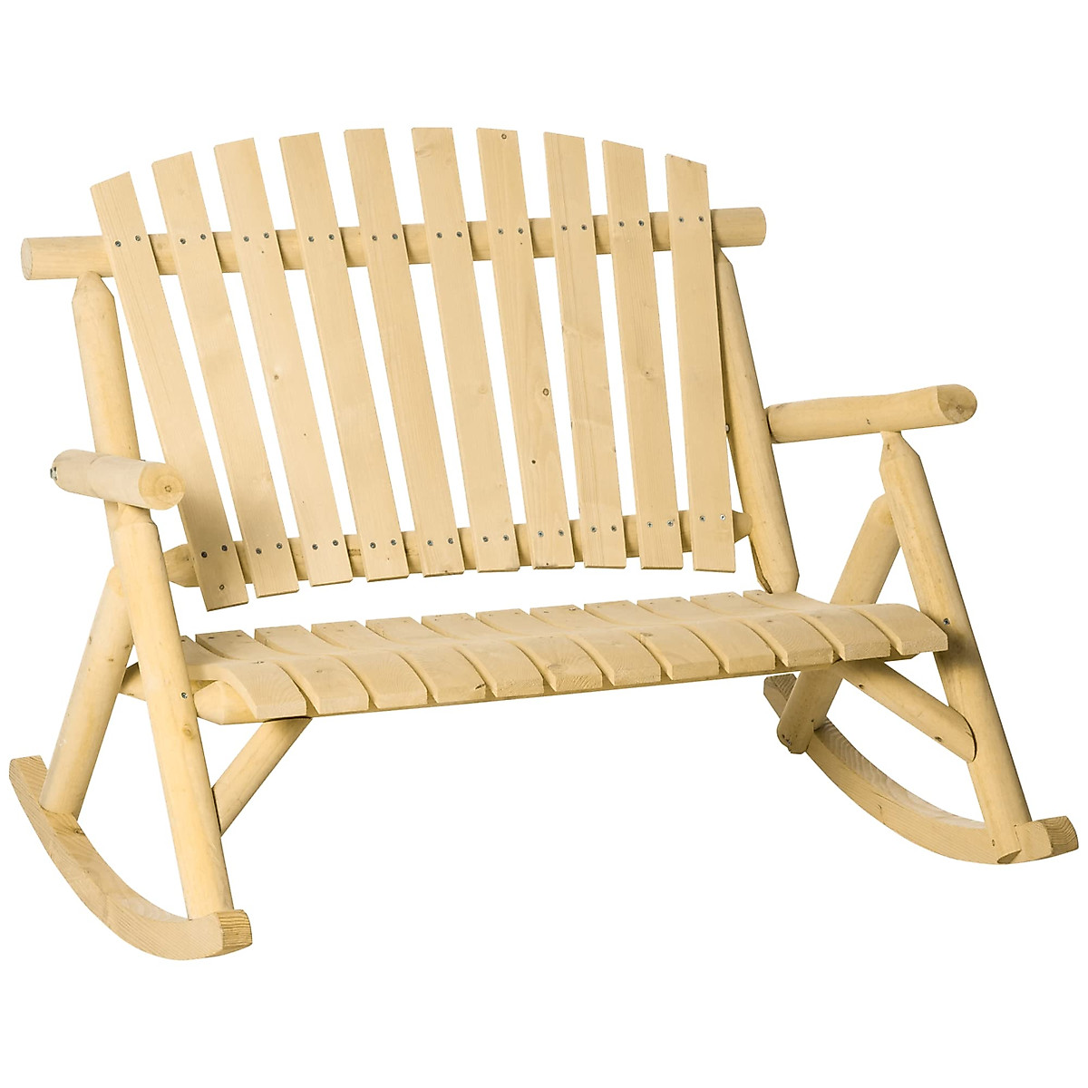 Outsunny Outdoor Wooden Rocking Chair, Double-Person Rustic Adirondack Rocker with Slatted Seat, High Backrest, Armrests for Patio, Garden and Porch, Natural