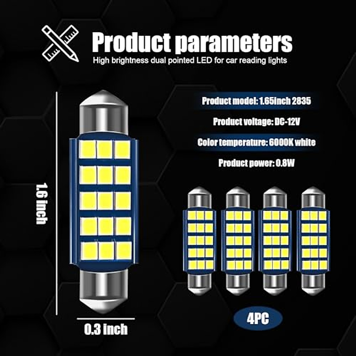 Ajxn 4 PCS Car 42mm 2835 Double-pointed Light, High Brightness 360 Degree Surround Reading License Plate Light, Plug and Play High Performance Bulb Replacement, Universal for Most Cars (White)