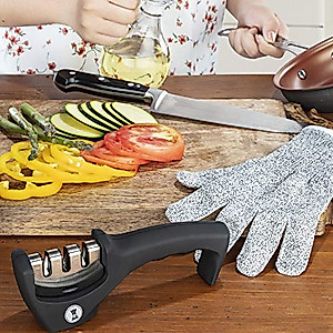 Knife Sharpeners for Steel and Ceramic Kitchen Knives - Manual Handheld System to Safely Sharpen and Hone your Knife - Includes Cut Resistant Glove and Blade Cloth (Black)