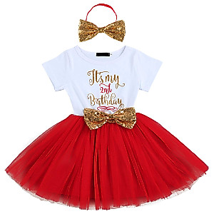 Kids Girl Princess It's My 1st/2nd Birthday Party Cake Smash Boutique Outfit Sequin Bow Tie Tulle Tutu Dress Clothes Gold Headband+Red(2 Years)