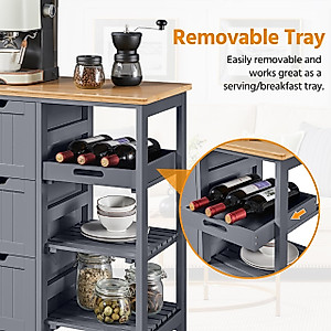 Yaheetech Kitchen Island Cart on Wheels with Storage, Rolling Bar Cart with Solid Wood Top and 3 Drawers, 3 Removable Shelves, Serving Utility Carts for Dining Room/Small Kitchen, Dark Gray