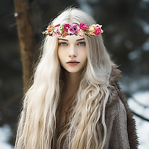 Vivivalue Rose Flower Crown Boho Flower Headband Hair Wreath Floral Headpiece Halo with Ribbon Wedding Party Festival Photos Pink