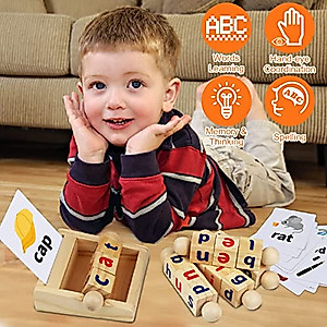 Montessori Toys for Toddlers 2 3 4 Years Old Wooden Reading Blocks Flash Cards Short Vowel Turning Rotating Matching Letters Toy for Kids Educational Alphabet Learning Toys for Preschool Boys Girls