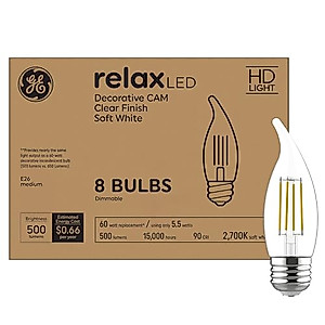 GE Relax LED Light Bulbs, 60W, Soft White Candle Lights, Decorative Bulbs, Medium Base (8 Pack)
