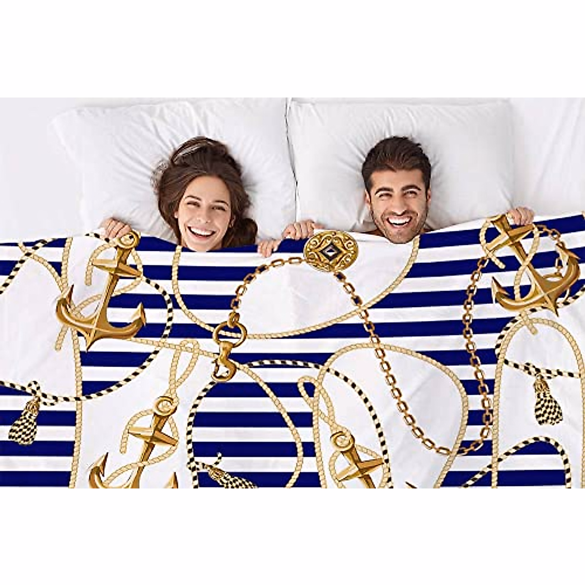 Beabes Gold Anchor Plush Blanket Throw Luxury Chains Coins Marine Navy Stripes Soft Bed Blankets for Home Bedroom Office Sofa Couch 50x60 Inch Throw Blanket