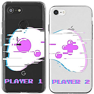 Toik Matching Couple Cases for Apple iPhone 11 Pro Xs Max Xr 10 X 8 Plus 7 6s 5s SE Cover Protective Teen Boyfriend Glitch Art Cute Geek Apple Slim Players BFFs Flexible Gamepad Design Girlfriend