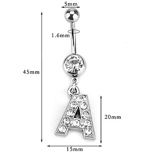 Dangle Belly Button Rings Initial 14G Surgical Steel Navel Ring 26 Letters Cubic Zirconia Body Piercing (Z)