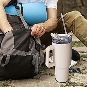 Gome 40 oz Tumbler with Handle Milky white - Stainless Steel Cup with Straw - Insulated Coffee Mug with Lid - Daisy Birthday Gifts for Women - Hand Wash Only