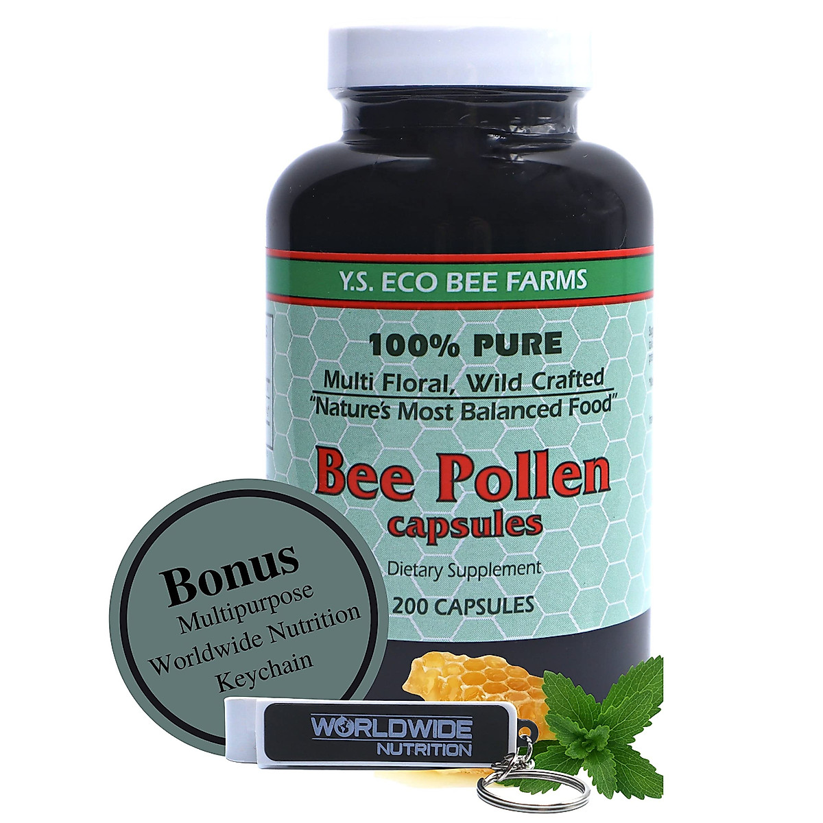 Y.S. Eco Bee Farms 100% Pure, Wild Crafted Bee Pollen Capsules - Organic Bee Pollen Vitamin Supplements Amino Acids, Organic Protein, Vitamin C, Vitamin B12 Gluten Free - 200ct with Bonus Key Chain