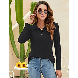 LOMON Women's Long Sleeve Polo Shirts and Blouses Business Casual Collared Tunic Shirt Black XL