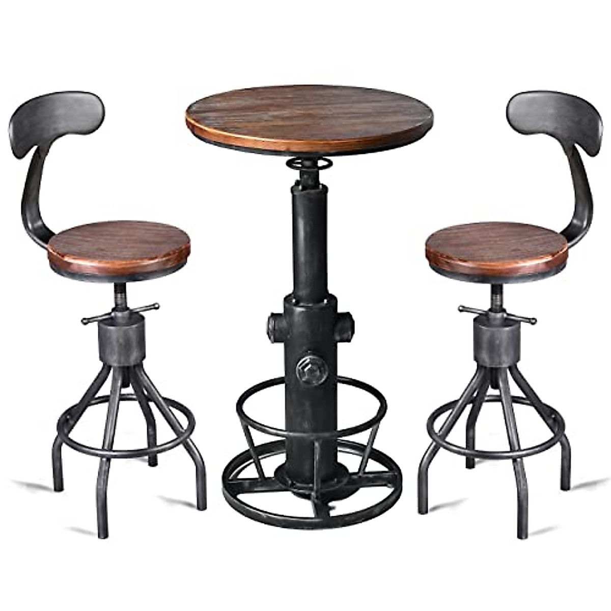 LOKKHAN 3-Piece Bar Table (38.6"-48.4") & 2 Backrest Stools (24"-30") Set for Pub Kitchen Dining Living Party Bistro Breakfast, Swivel Top, Height Adjustable, Most Weld, Space-Saving