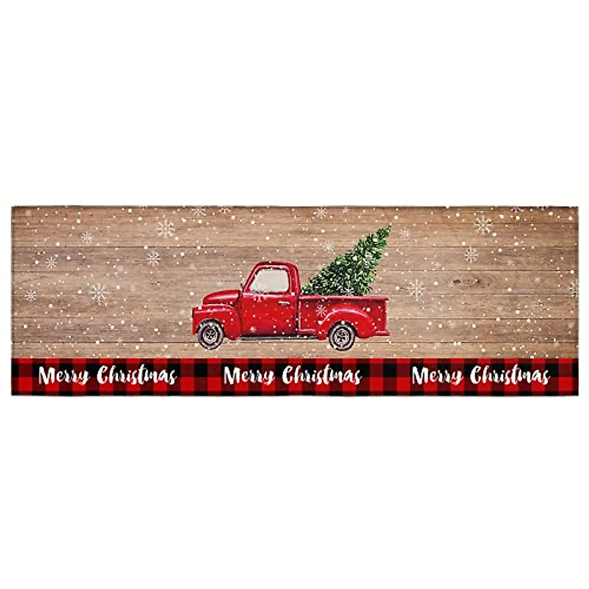 Runner Rugs And Mats 1 Pcs, Merry Christmas Red Truck with Xmas Tree Rustic Old Wooden Red Black Plaid Non Slid,Absorbent Kitchen Rug,Rubber Dots Backing Indoor Door Mat,Standing Mat 18x47.2 Inch
