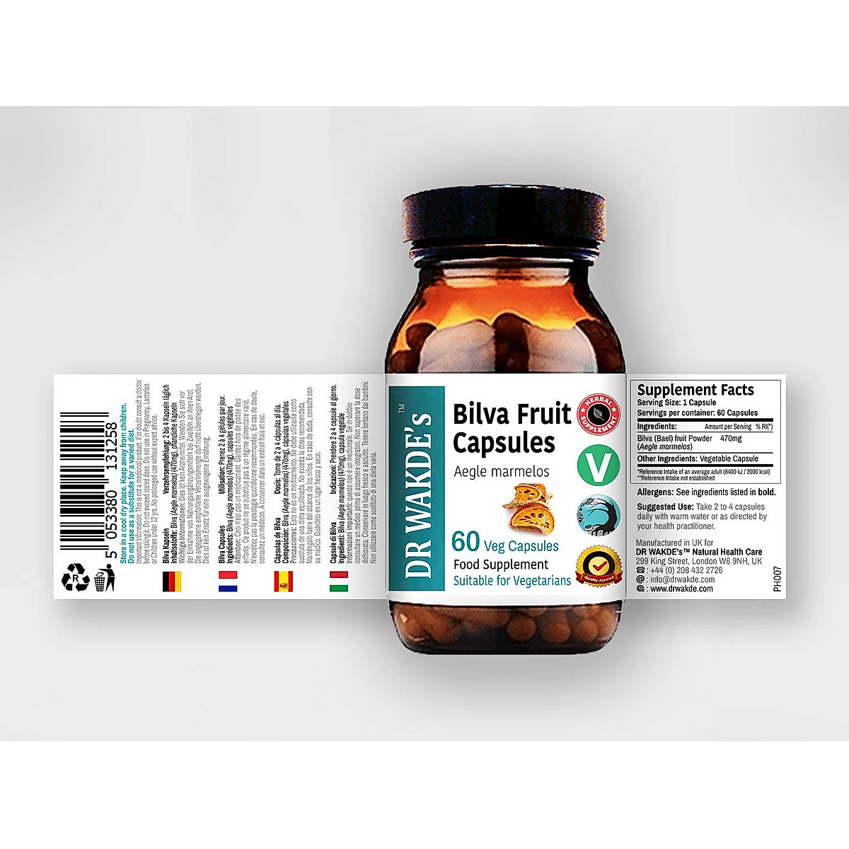 DR WAKDE'S Bilva Fruit Capsules (Bael Fruit | Aegle marmelos) | 60 Veg Caps | Ayurvedic Supplement | Vegan | 100% Herbal | Quantity Discounts| Same Day Dispatch