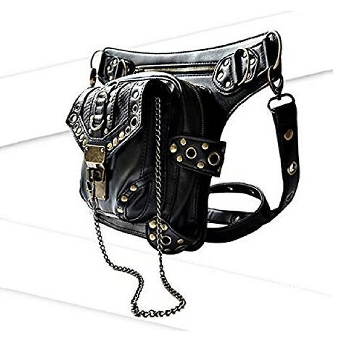 Wendin Rock Leather & Vintage Gothic Retro Steampunk Handbag Victorian Style Shoulder Waist Bag Black