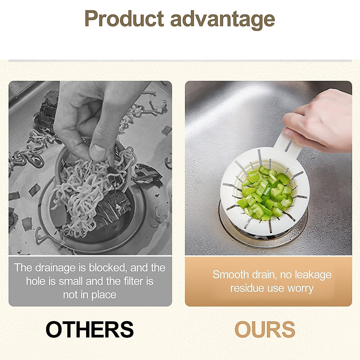 Grebest Bathtub Sink Drainer Kitchen Strainer Stopper Drain Basket Anti-clog Hair Easy Installation Maintenance-free Cream Color