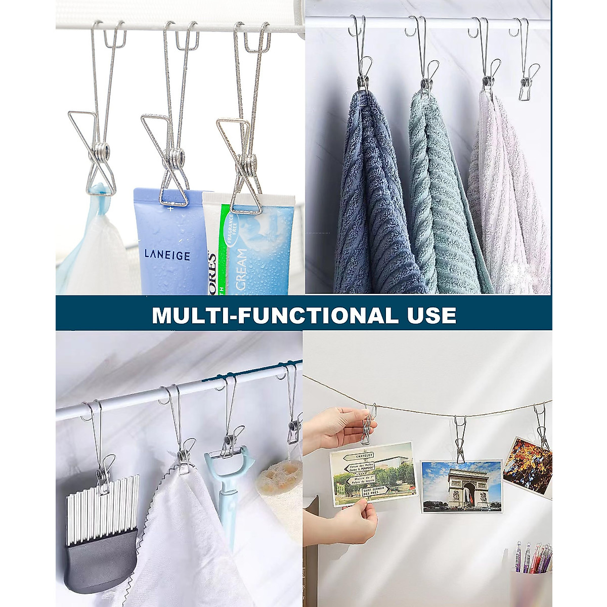 Generic 20 Clips Pack Stainless Steel Clothespins with Hooks Metal Spring Universal Long Hanging Clip for Offices Kitchens Bathroom