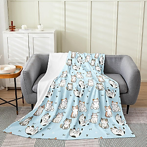 Erosebridal Cat Fleece Blanket Twin, Kawaii Garfield Cat Fuzzy Blanket for Kids Boys Girls, Paw Print Love Heart Throw Blanket, Cartoon Animals Soft Flannel Blanket, Blue