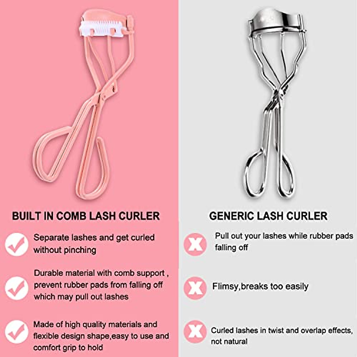gootrades Eyelashes Curler with Built-in Comb, Separated Eyelashes Curler Crimp-Free Lashes with 2 Refill Pads, Get a Lash Lift in Seconds, Durable Carbon Steel Body with Comfort Grip