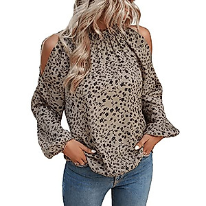Verdusa Women's Cold Shoulder Bishop Sleeve Floral Print Blouse Shirt Top Khaki L