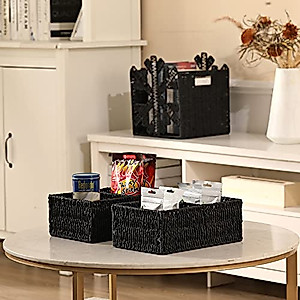 Vagusicc Wicker Storage Baskets, Set of 3 Hand-Woven Paper Rope Wicker Baskets for Shelves Storage with Handles, Snowflake Cube Storage Bins, 10.5 Inch Storage Baskets for Pantry Organizing, Black