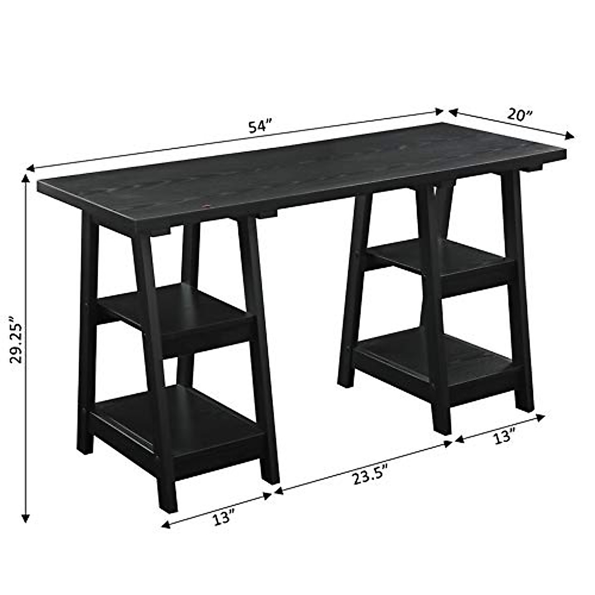 Convenience Concepts Designs2Go Double Trestle Desk with Shelves, Black