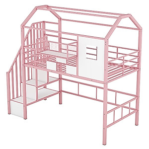 Favfurish Twin Size Metal Loft Bed with roof Design and a Storage Box,House Shaped Stairway Metal Bedframe w/Guardrail & Roof Design, for Kids Boys Girls Bedroom, Pink