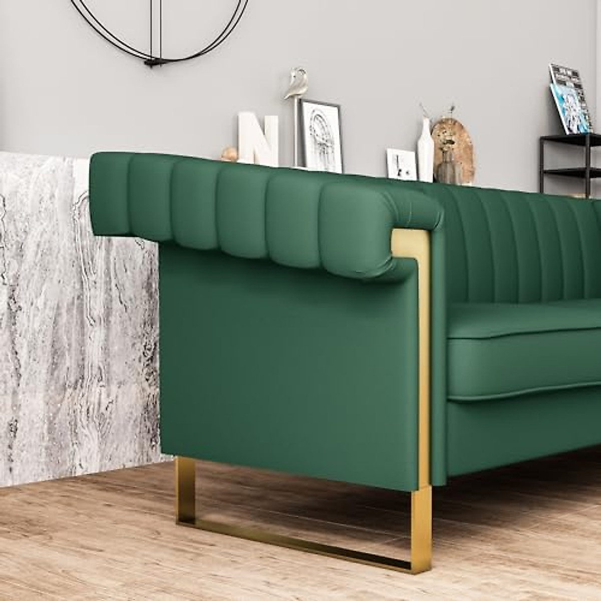 NCECLAR 83.86''L PU Faux Leather Modern Deep 3-Seater Loveseat Sofa, Mid Century Oversized Couches for Living Room and Apartment, Green