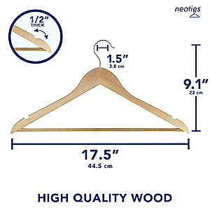 Neaties Natural Wood Hangers | Natural Finish | with 360° Degree Swivel Hook & Smooth Cut Notches | 24 Pack