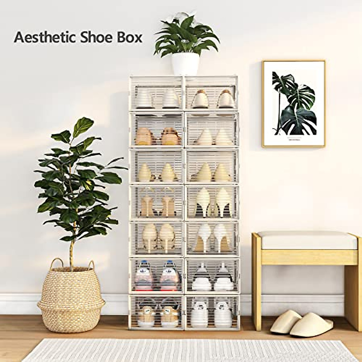 6 Pack Large Shoe Box Clear Plastic Stackable - Upgrade Shoe Organizer - Crystal Clear Shoe Storage Boxes - Premium Clear Shoe Boxes Stackable - Shoe Organizer for Closet -Sneaker Storage - Stackable Shoe Box Containers Bins Case White-Cajas Para Zapatos