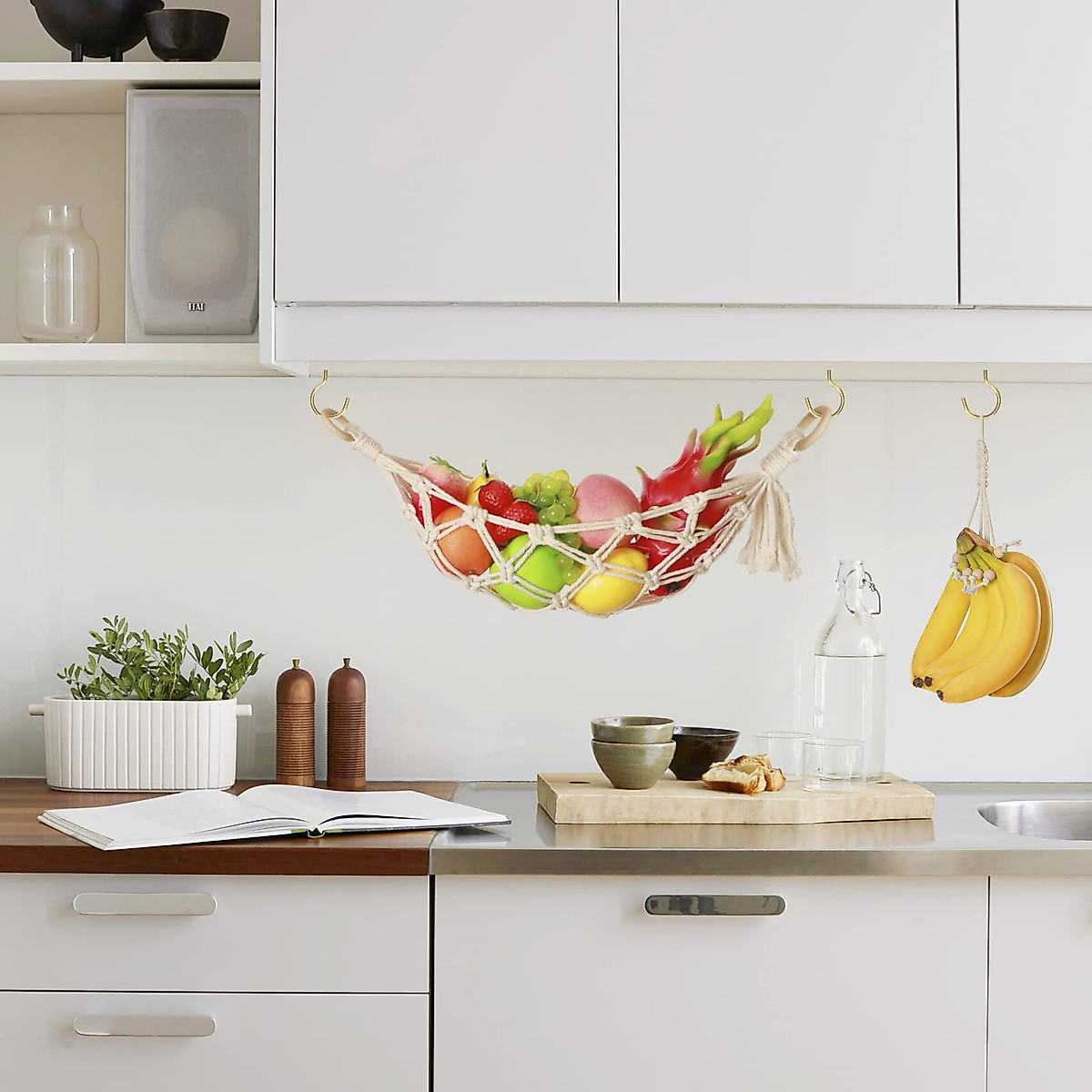 Macrame Fruit Hammock for Under Cabinet, Handwoven Banana Hammock Fruit Holder, Produce Fruit and Veggie Storage Hammock, Clever Space Saving And Boho Kitchen Decor for Home/Boat/Camper/RV