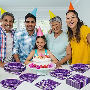 96 Pcs Purple Birthday Party Supplies Paper Plates Napkins Purple Silver Happy Birthday Tableware Set Dinner Dessert Table Decorations Favors for Women Girls Serves 24