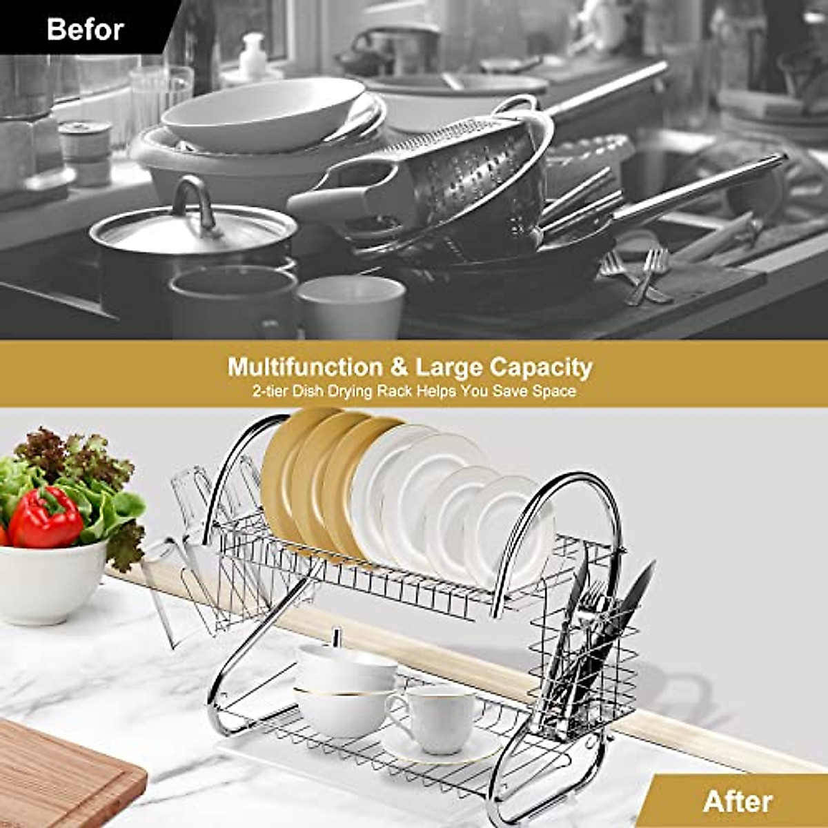 Zvonema Dish Drying Rack, Stainless Steel Dish Racks for Kitchen Counter, 2 Tier Small Dish Drainers with Drainboard & Removable Utensil Holder, Space Saving Dish Rack, Silver
