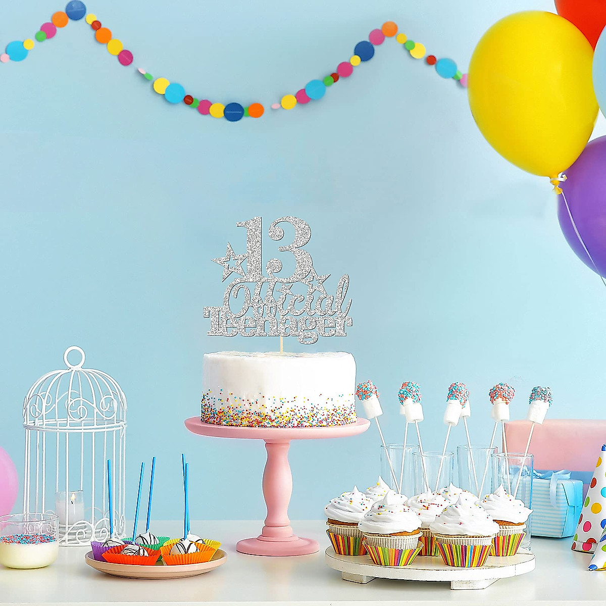 Glitter Silver 13 Official Teenager Birthday Cake Topper for Boy or Girl, Happy 13th Birthday Party Decoration, Hello 13 Cake Topper, Cheers to 13 Years, 13th Birthday Anniversary Party Supplies