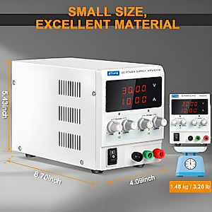 DC Bench Power Supply Variable, Adjustable Power Supply 30V 10A,Coarse and Fine Adjustment for Anodizing Kit,Electroplating,Battery Powered