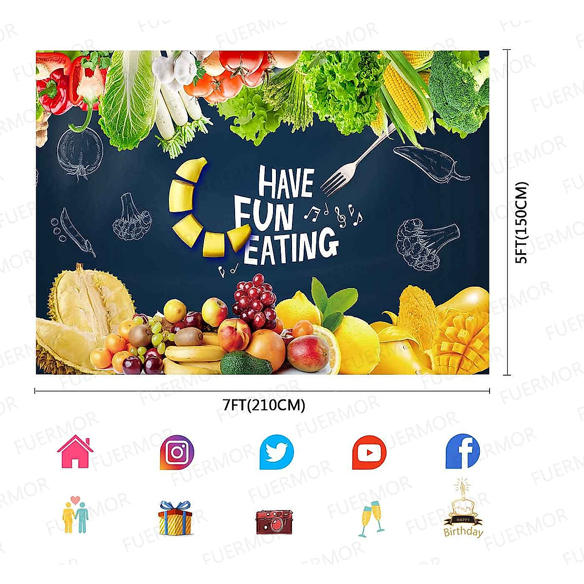 FUERMOR 7x5ft Fruit and Vegetable Theme Backdrop Have Fun Eating Family Gathering Party Decoration Banner Backdrops for Photography BJCJFU22