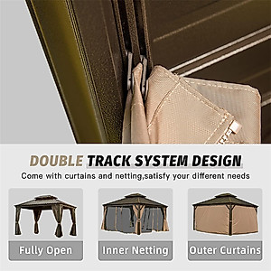 DHPM 12 x14 FT Hardtop Gazebo, Aluminum Metal Gazebo with Galvanized Steel Double Roof Canopy, Curtain and Netting, Permanent Gazebo Pavilion for Patio, Backyard, Deck, Lawn