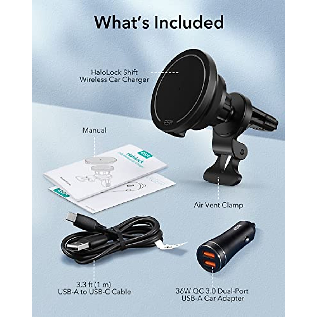 ESR Shift Wireless Car Charger (HaloLock), Compatible with MagSafe Car Charger, Detachable Fast Charging Pad, for Caseless iPhone 14/13/12 Series and Magnetic Cases, with 36W Car Adapter, Black