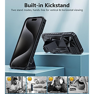 FNTCASE for iPhone 15 Pro Case: Military Grade Drop & Shock Protection Cell Phone Cover with Kickstand & Slide | Rugged Protective Bumper Textured | Heavy Duty Protector(Black)