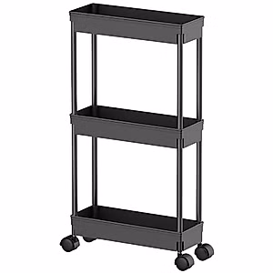 Sooyee 3 Tier Rolling Cart with Wheels,Slim Storage Cart,Narrow Storage Cabinet,Under Desk Storage,Rolling Utility Cart Storage Organizer for Office Bathroom Kitchen Laundry Room Narrow Places, Black
