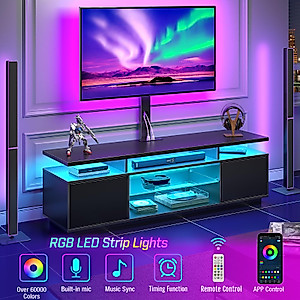 Rolanstar TV Stand with Mount and Power Outlet 51.2", Swivel TV Stand Mount for 32/45/55/60/65/70 inch TVs, Height Adjustable Modern Entertainment Center with Storage & LED Lights, TV Table Black