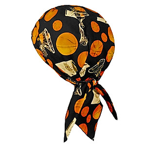 Basketballs on Doo Rag Du Skull Cap Black Basketball Fan Bandana Head Wrap w/Sweatband