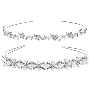 Pangda 2 Pieces Rhinestone Bridal Crystal Women's Headband Wedding Flower Girl Pearl Diamond Slim Thin Silver Flower Leaves Crown Hair Band Accessories Headpiece Tiara for Bride Bridesmaids