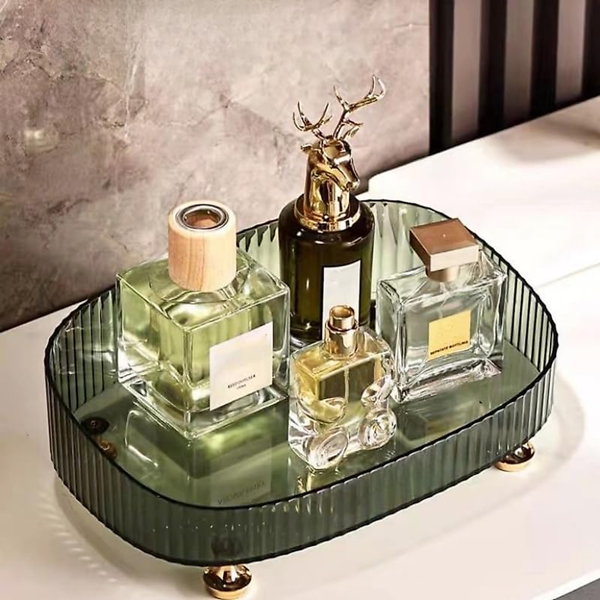 Makeup Perfume Organizer, Bathroom Vanity Tray, Decorative Dresser Tray, Countertop Organizer Tray for Cosmetics, Dark Green