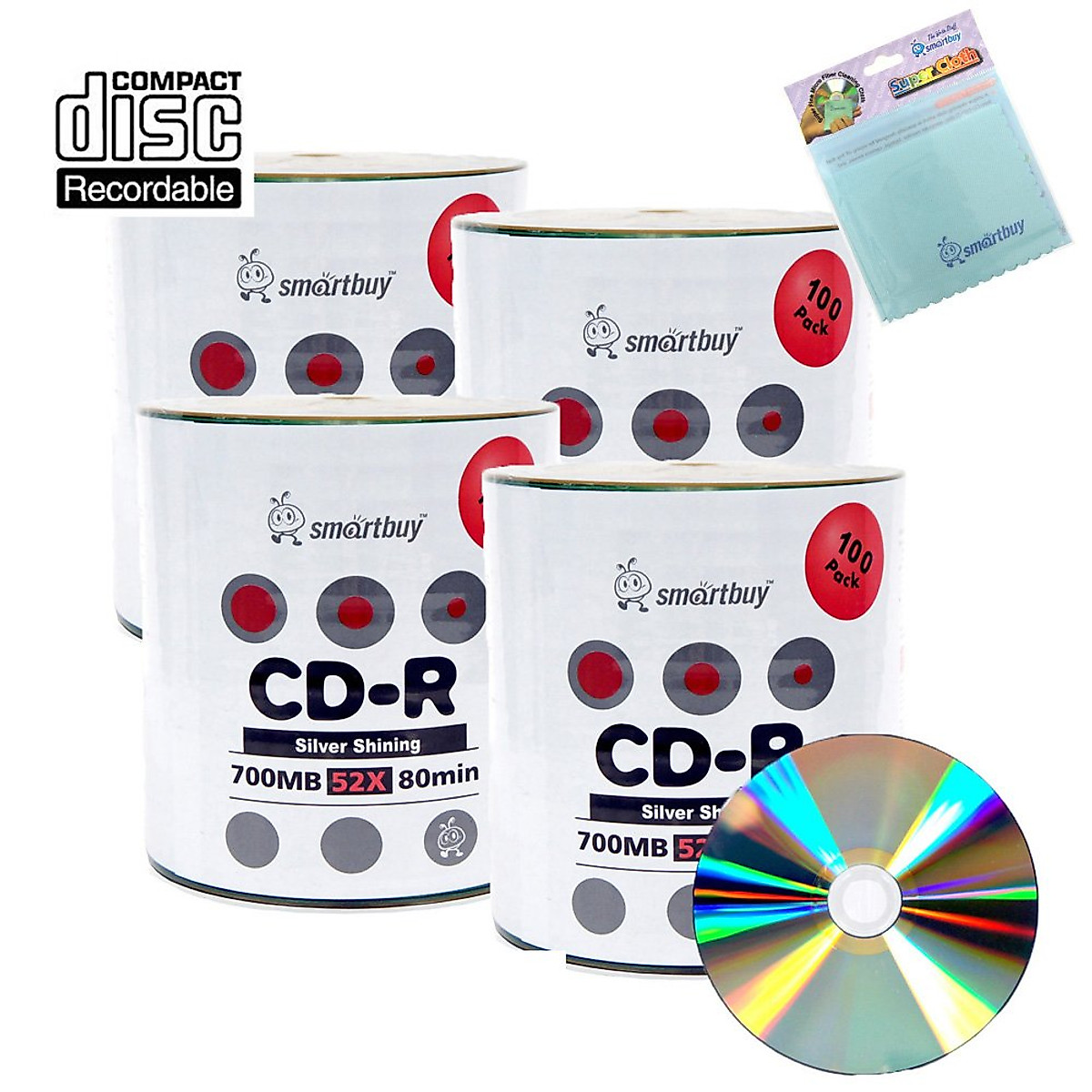 Smartbuy 400-disc 700mb/80min 52x CD-R Silver Shiny Blank Recordable Disc + Free Micro Fiber Cloth