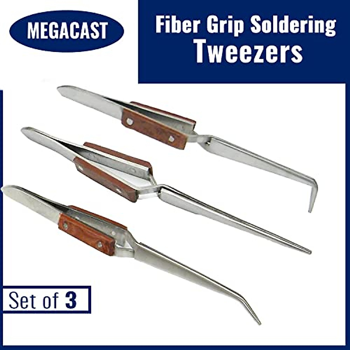 Megacast Bundle: Fiber Grip Soldering Tweezers Set - 6.5" Solder Tweezers (Approx. 45-Degree Angle), 6" Solder Tweezers (Approx. 90-Degree Angle) & 6.5" Straight Solder Tweezers