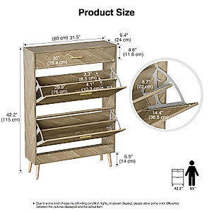 Anmytek Shoe Storage Cabinet with 2 Flip Drawers & 1 Drawer, Natural Oak Slim Shoe Cabinet with Wooden Legs, Freestanding Hidden Narrow Shoes Organizer Cabinet for Entryway, Hallway
