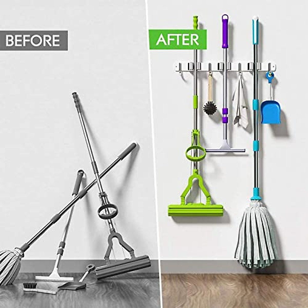 YouOKLight mop broom holder,broom hanger wall mount, 304 Non-Slip Stainless Steel Rack for Tools Hanger,Metal Broom Closet Organizer for Home,Garage, even Outdoor (3 Racks with 4 Hooks)